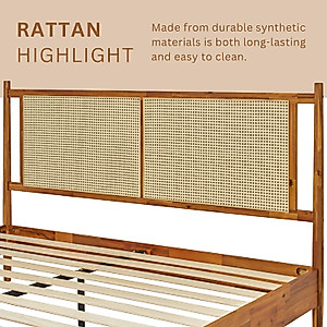 Bme Oliver King Bed Frame and Headboard - 15-Inch Signature Design with Rattan Headboard, Bohemian and Mid Century Style, 12-Slat Wood Support, No Box Spring Needed - Easy Assembly, Caramel