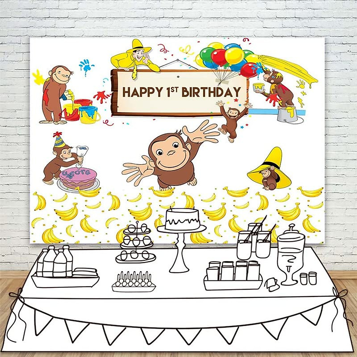 Curious George Backdrop 1st Birthday 5x3ft Yellow Banana Happy 1st ...