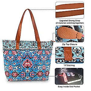 NC Floral Canvas Tote bags Shoulder Bag Women Zip GYM Hiking Picnic Travel Beach Pool Weekend Book Bag(Blue Flor)