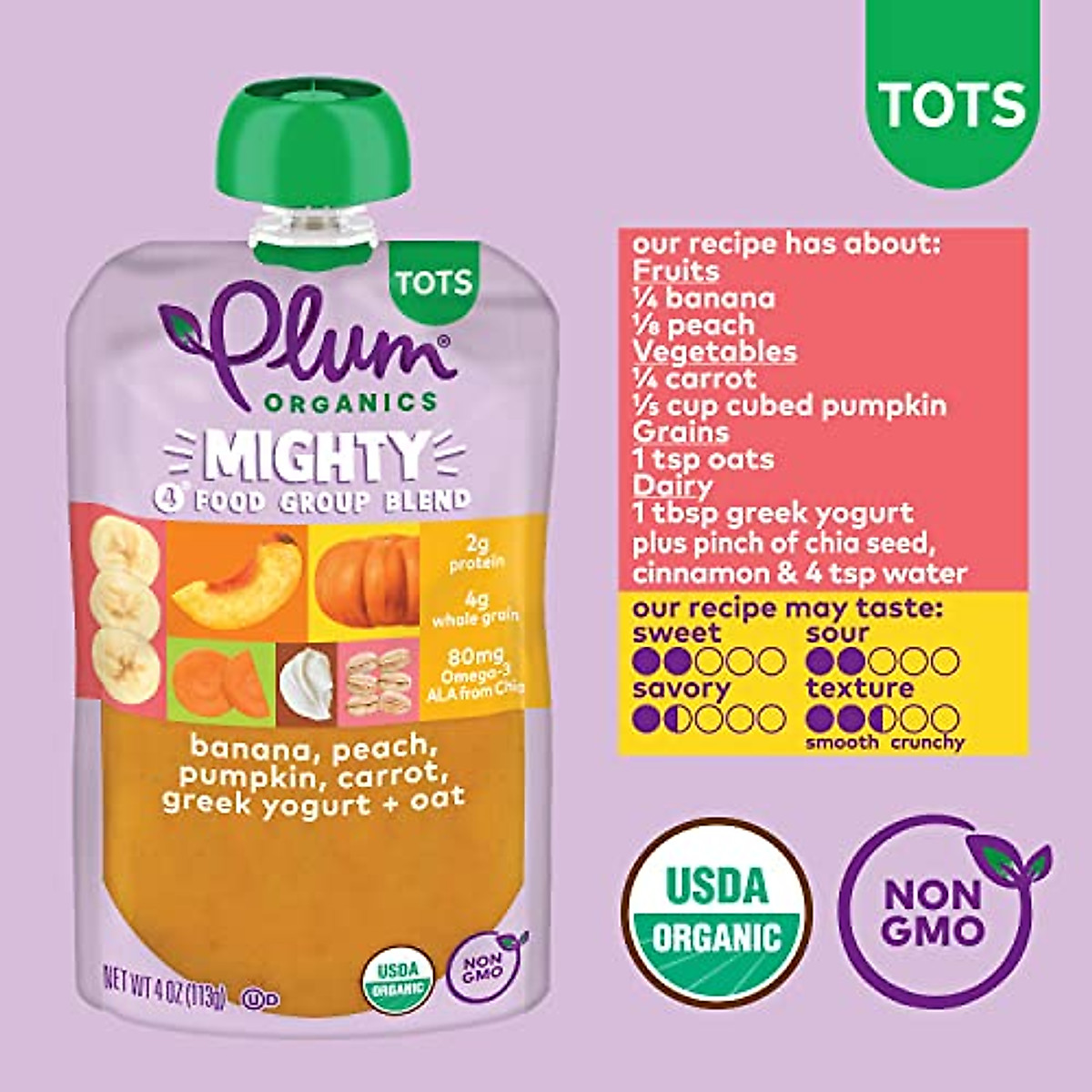 Plum Organics Mighty 4 Organic Toddler Food - Banana, Peach, Pumpkin, Carrot, Greek Yogurt, and Oat - 4 oz Pouch (Pack of 6) - Organic Fruit and Vegetable Toddler Food Pouch