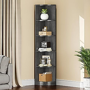 YITAHOME 70.8" Corner Shelf, 5 Tier Corner Bookshelf and Bookcase, Modern Open Free Standing Shelving Unit Wooden Display Rack Storage Shelves for Bedroom, Living Room, Home Office, Charcoal Gray