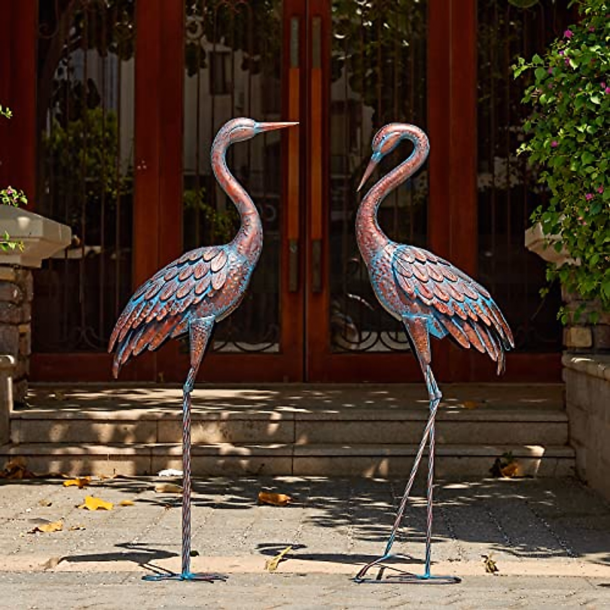 Kircust Garden Crane Statues Patina Heron Decoy, Standing Metal Crane Sculptures Bird Yard Art for Outdoor Decor, Set of 2