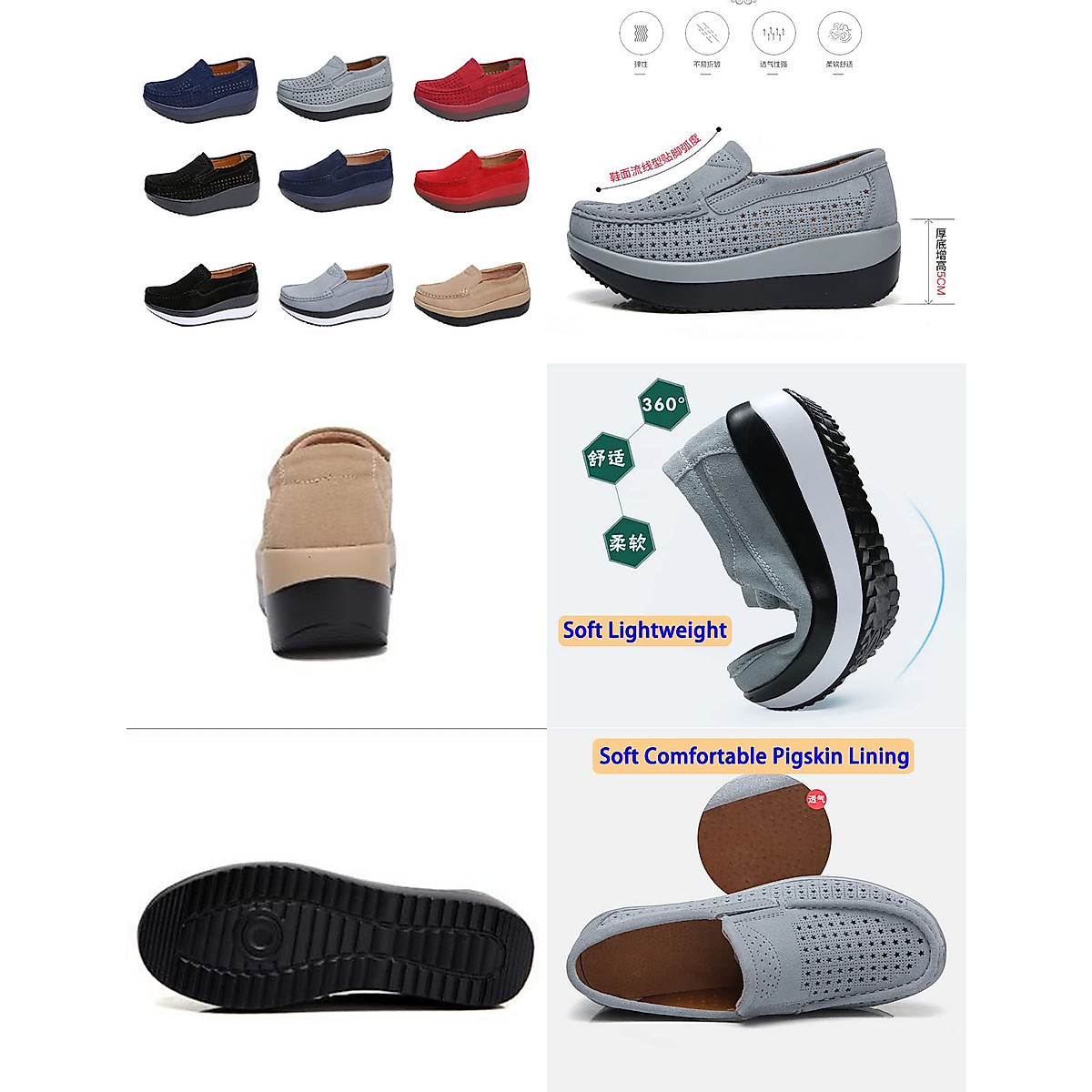 AngryMonkey Women's Fashion Platform Sneakers High Hidden Heel Wedge Moccasin Slip-on Casual Low Top Non-Slip Walking Shoes (8.5,Dark Blue,8.5,Women)