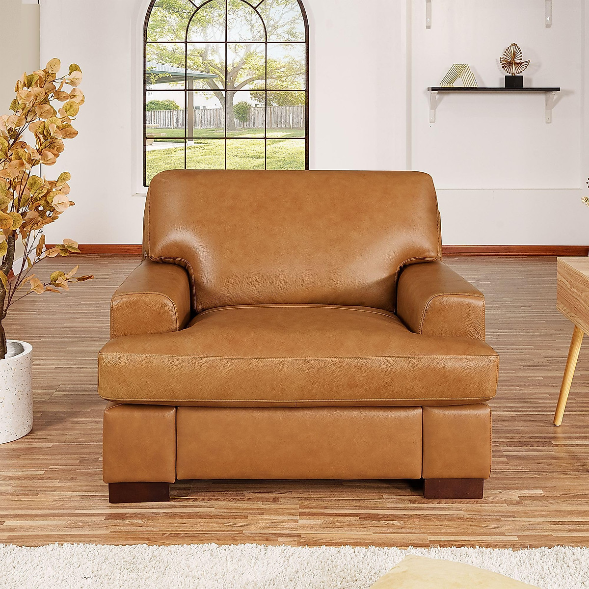 Naomi Home Siggy Genuine Leather Sofa for Living Room, Bedroom - Chair, Sofa - Luxurious Comfort, Goose Feather Cushion Filling, Square Arm Design, Sturdy Block Legs, Elegant, Tan