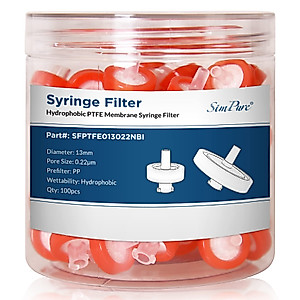 SimPure Syringe Filter PTFE Hydrophobic Membrane 100 PCS, 0.22um Pore Size, 13mm Disc Diameter, HPLC and GC Needle Filter, Non-Sterile, High Throughput Lab Filtration, Barreled Packed