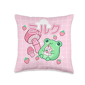 Cute Cottagecore Frog Strawberry Retro 90s Kawaii Aesthetic Throw Pillow