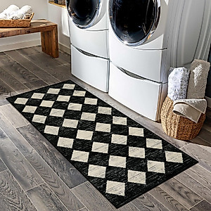 Lahome Washable Black and White Kitchen Runner Rug, 2x5 Soft Non Slip Laundry Room Rug Bathroom Runner Rugs with Rubber Backing, Moroccan Trellis Kid Pet Friendly Carpet Runner for Entryway Bedside