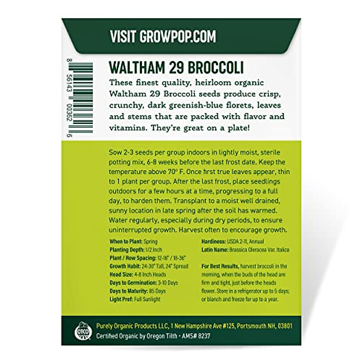 Purely Organic Products Purely Organic Heirloom Broccoli Seeds (Heirloom Waltham 29) Approx 750 Seeds