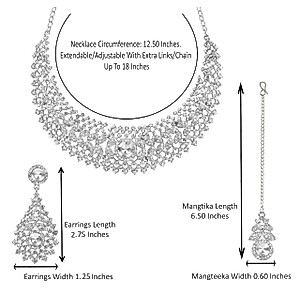 Touchstone Indian jewelry set for women rhinestone bridal necklace statement wedding brides earring formal big designer collar style trendy desi rhinestones maang tikka fashion in silver tone.