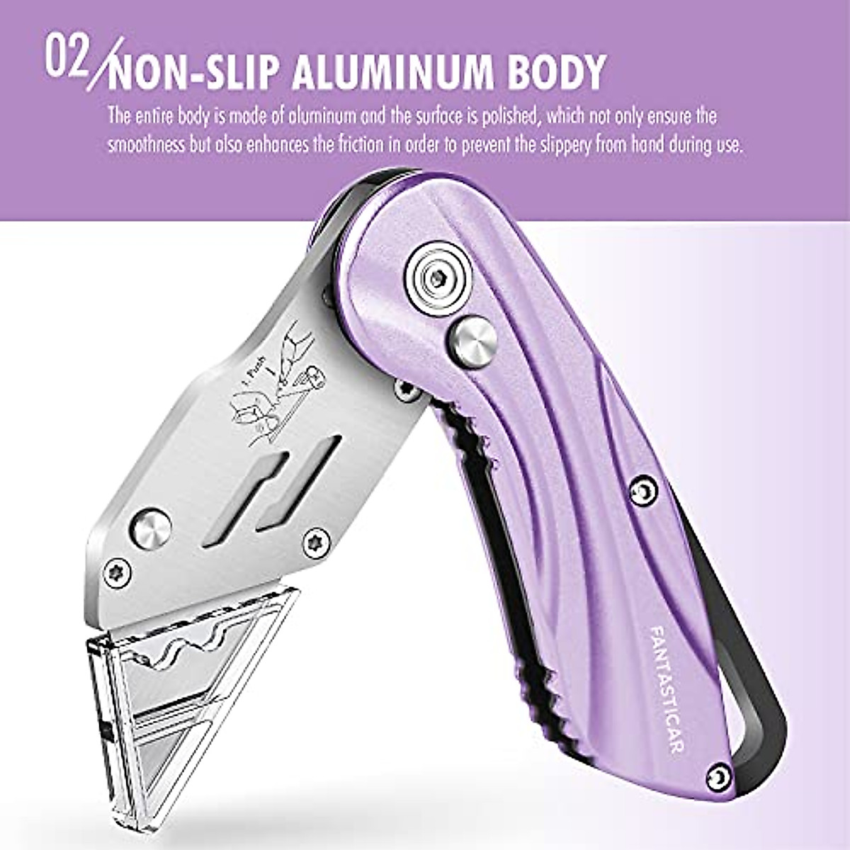 FantastiCAR Folding Box Cutter, Quick Blade Change Utility Knife, with Anti-slip Metal Body, Safety Lock, 5 Extra Blades (Purple Streamline)