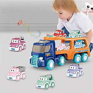 QXTTS Toddler Trucks Toys for 1 2 3 Year Old Boy Girl, with Sound and Light 7 in 1 Transport Vehicles Toy Set with 6 Different Small Toy Car, Gifts for Toddlers Age 1-3