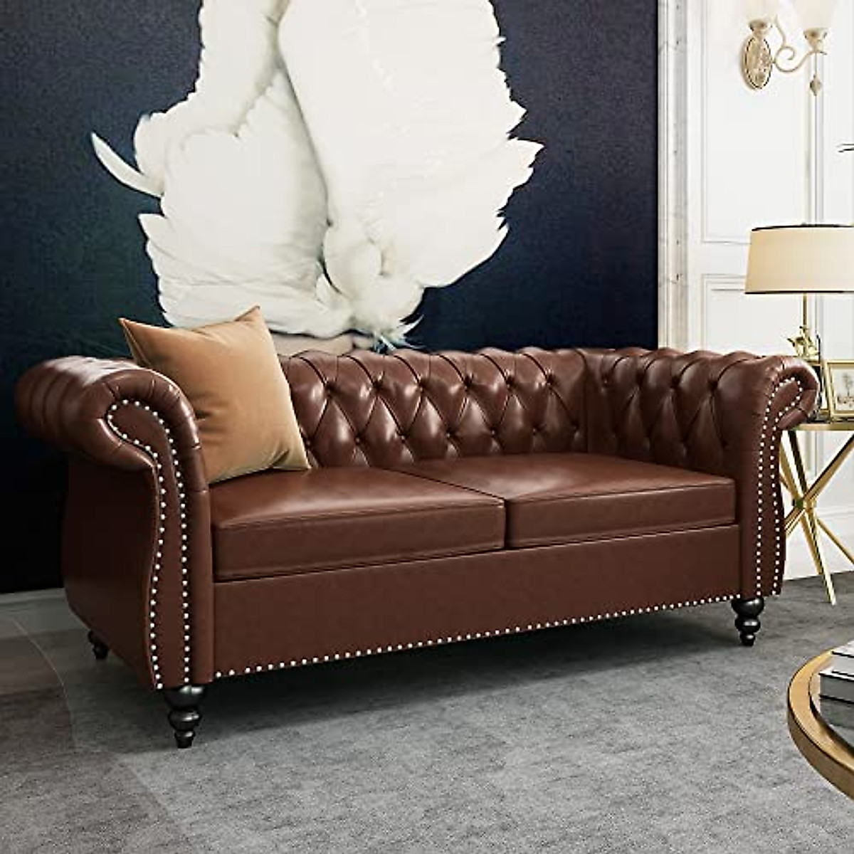 Chesterfield Loveseat, Modern Leather Sofa Tufted Couch 2 Seater with Rolled Arms and Nailhead for Living Room, Bedroom, Office, Apartment (Dark Brown)