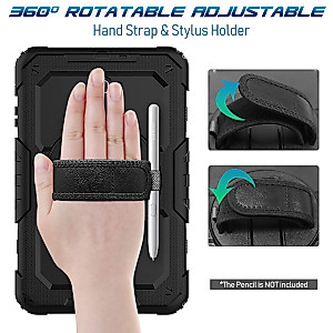 Timecity Case for Samsung Galaxy Tab A 10.1 inch 2016 Release, SM-T580 T585 T587 Case, Heavy Duty Protection Case with Screen Protector, Stand, Hand Strap and Shoulder Strap Stylus Holder - Black