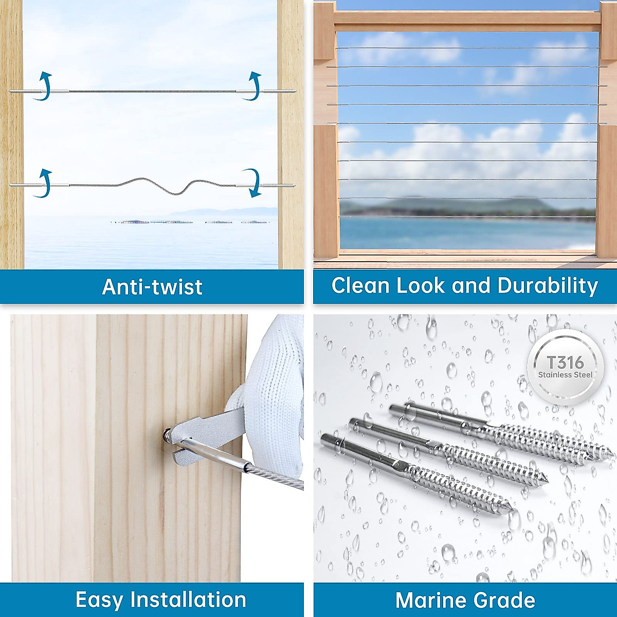 Muzata 20Pack 1/8" Swage Lag Screws Left & Right Cable Railing Hardware Kit Handed Thread for Wood Post T316 Stainless Steel Stair Deck WoodBudget System 10 Pairs CK17