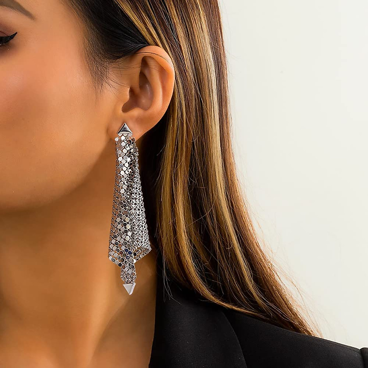 CLASSYZINT Large 80s Dangle Earrings For Women Shiny Silver Plated Mesh Grid Sequins Metallic Disco Earrings For Prom Party Dress Up Jewelry…