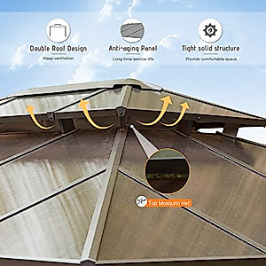 Domi Outdoor Living 10’ X 12’ Hardtop Gazebo Outdoor Aluminum Gazebo with Polycarbonate Double Roof Canopy for Lawn and Garden, with Curtains & Net (Wood Looking)