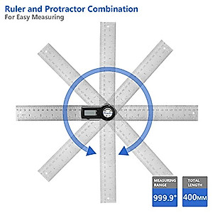Digital Angle Finder Protractor, Preciva Digital Protractor 7 inch / 400mm Stainless Steel Measuring Ruler with Large LCD Display for Woodworking, Measurement (400MM)