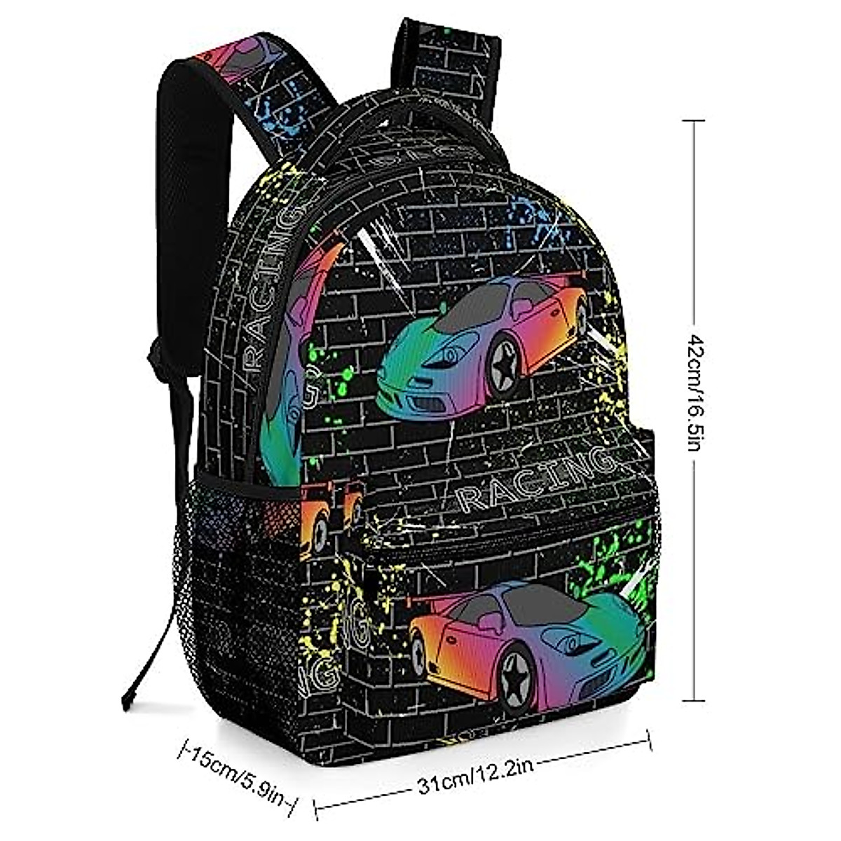 MEIKKO Colorful Sports Cars Backpack Funny Racecar Computer Bags with Chest Strap,Lightweight Casual Daypack for Women Men Hiking Travel Work and Business 16 Inch