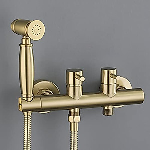 MINJING Bidet Sprayer Kit for Toilet Brushed Gold Multifunction Bidet Tap Wall Mounted Sprayer with Button Bathroom Toilet Bidet Mixer Spray Kit