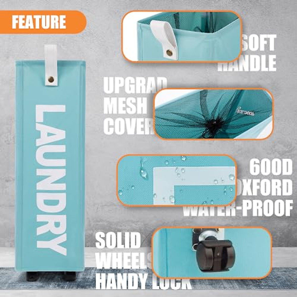 Caroeas X-Large Slim Laundry Baskets 27" Tall with Leather Handle (7 Colors), Laundry Basket on Wheels, Collapsible Laundry Hamper, Rolling Hamper Dorm Baskets