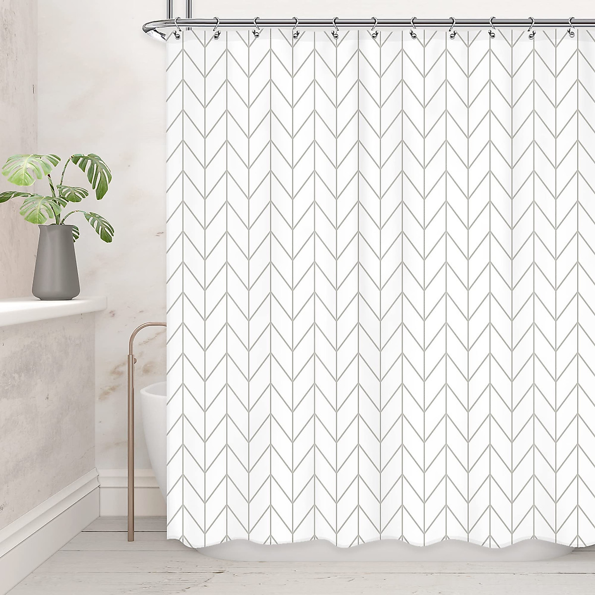 Riyidecor Chevron Shower Curtain White Beige Geometric Herringbone 60Wx72H Inch Striped Simple Modern Classy Neutral Contemporary Decor Fabric Bathroom Set Polyester Waterproof