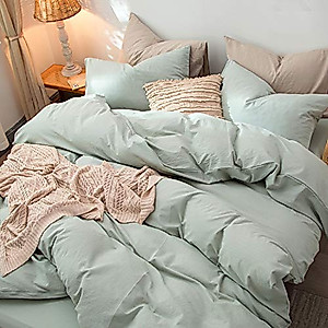 MooMee Bedding Duvet Cover Set 100% Washed Cotton Linen Like Textured Breathable Durable Soft Comfy (Sage Green, Queen)