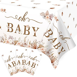 Lopeastar 3Pcs Boho Baby Shower Decorations Tablecloths, Bohemian Pampas Grass Floral Oh Baby Table Cloths, 58 x 108 Inch Large Rectangular Boho Table Covers Party Supplies for Girls Kids