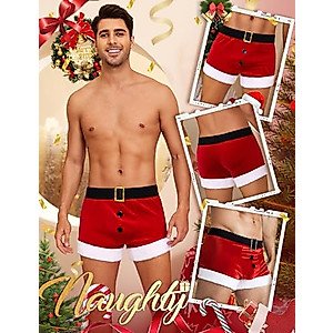 RSLOVE Men's Christmas Lingerie Set Sexy Santa Outfits 2PCS Red Boxers Holiday Briefs Underwear With Hat S