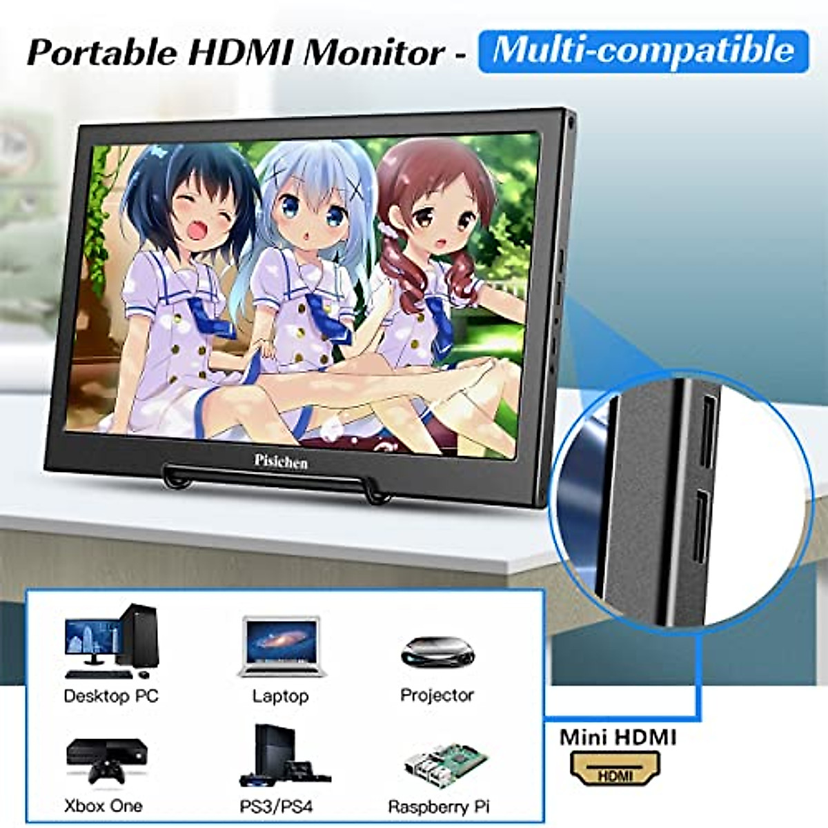 Pisichen 15.6 Inch Portable Monitor, HD 1366x768 TN Gaming Monitor, 60Hz, 5ms, USB/HDMI Inputs, Built-in Speakers, External Screen for Laptop PC Computer PS3 Ras Pi Xbox Ones