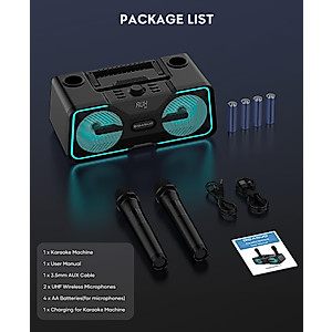 BIGASUO Karaoke Machine for Adults Kids with 2 UHF Wireless Microphones, Portable Bluetooth Singing PA Speaker System with LED Lights for Home Party, Wedding, Church, Picnic, Outdoor/Indoor
