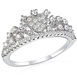 EleQueen Women's Silver-Tone Pave CZ Love Heart Princess Wedding Crown Tiara Ring Clear