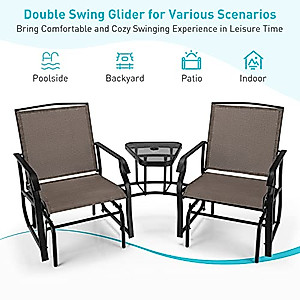 Giantex Outdoor Glider Chairs with Table & Umbrella Hole, Patio 2-Seat Rocking Chair Outside Loveseat Swing w/ Breathable Fabric for Garden, Backyard, Poolside, Lawn Metal Glider Bench(Brown)