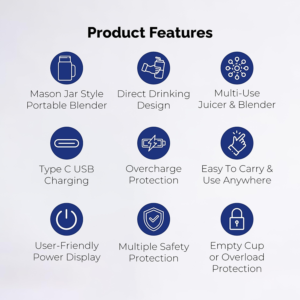 BlendQuik, Personal Portable Blender For Shakes & Smoothies, Leakproof & Stylish Portable Mason Jar Shaker, Rechargeable Mini Blender with 10-Blade Blending System 14oz, Dark Blue