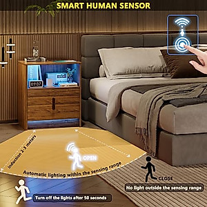 Dystler Nightstand with Charging Station and LED Light Strip, Bedside Tables with 2 Drawers and Open Storage, Modern End Side Table with Human Body Sensor Function for Bedroom, Living Room (Brown)