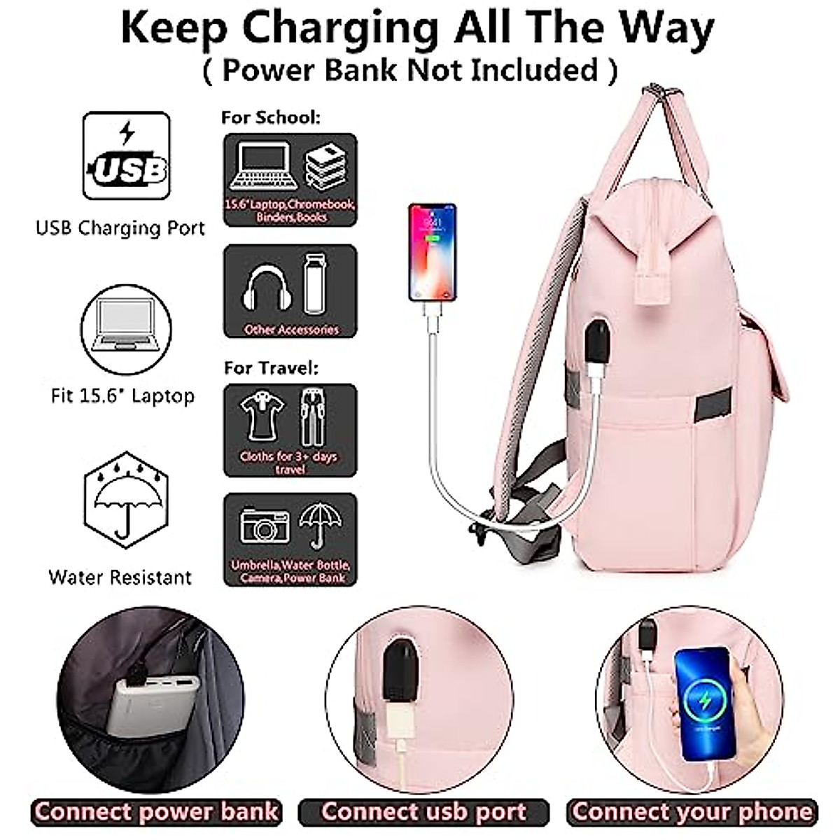 Laptop Backpack Travel Women Bag- 15.6 Inch Computer Backpack Anti Theft Daypack Casual School Bag College Backpack Teacher Nurse Work Book bags with USB Charger for Teens Girls Women Students Pink