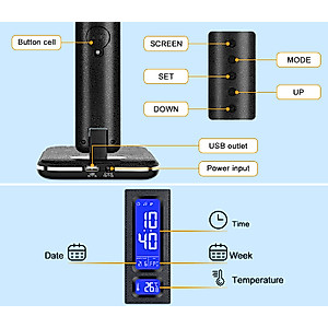 LED Desk Lamp with Wireless Charger, Foldable Touch Console Light, Date,Calendar,Temperature,Clock Display Function, 5-Level Dimmable Lighting, Suitable for Home Office, Reading, Work,study (Black)