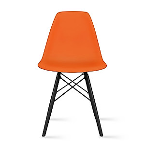 2xhome - Orange - Molded Plastic Shell Bedroom Dining Side Ray Chair with Black Wood Eiffel Dowel-Legs Base Nature Legs No Arm