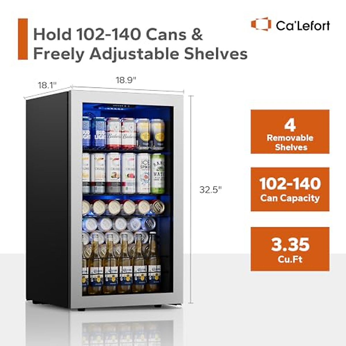 Ca'Lefort Beverage Refrigerator Cooler - 140 Can Small Beverage Fridge, Beverage Fridge with Glass Door for Beer Soda, Under Counter Freestanding Beverage Cooler for Home/Kitchen