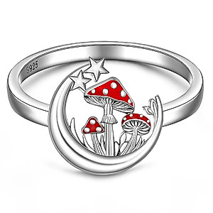 Fenthring Sterling Silver Mushroom Ring Moon Red Magic Mushroom Rings for Women Celestial Band Mushrooms Jewelry Size 9