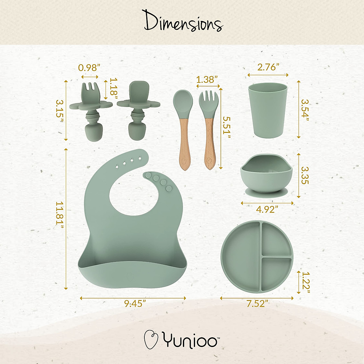 Yunioo Extra Heavy Silicone Baby Feeding Set Essentials, Premium 9-Piece Set of Baby Led Weaning Supplies with Silicone Baby Plate with Lid, Superior Suction Bowl and Baby Utensils - Green