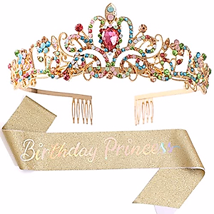 Birthday Crowns for Women Birthday Tiara for Girls Colorful Rhinestone Birthday Queen Crown with Comb Crystal Princess Headband Happy Birthday Decorations Gift with Birthday Girl Sash for Party
