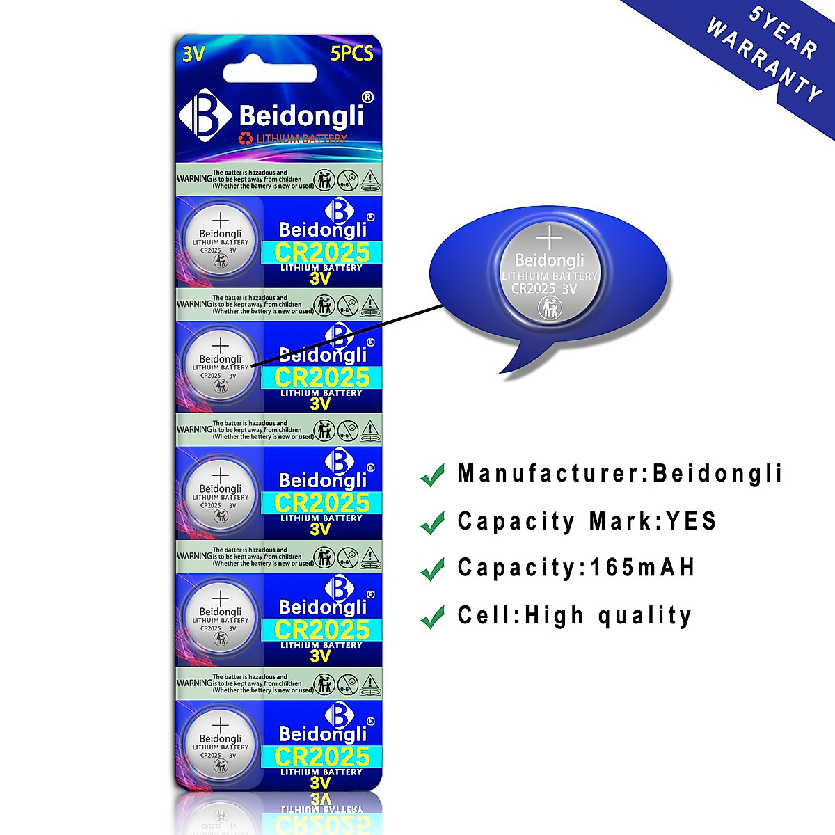 Beidongli CR2025 3V Lithium Coin Battery (10-batteries)【5-Year Warranty】