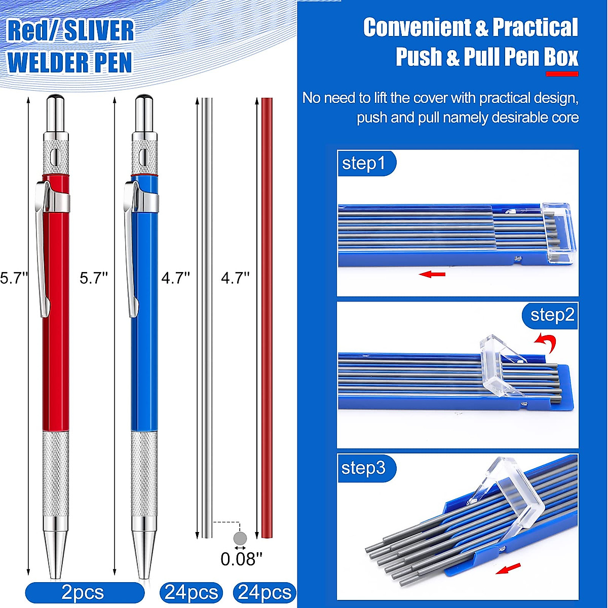 2 Pcs Welders Pencil with 48 PCS Round Refills Mechanical Pencils Metal Welding Marker for Tube Pipe Fitter Welder Steel Construction Woodworking (Red, Silver)