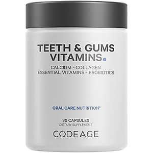 Codeage Teeth & Gums Vitamins + Oral Probiotics Supplement for Mouth - Whole Food Calcium, Collagen, Potassium, Vitamin C, D3, K2, Zinc – Oral Care & Dental Multivitamin Supplements - 90 Capsules