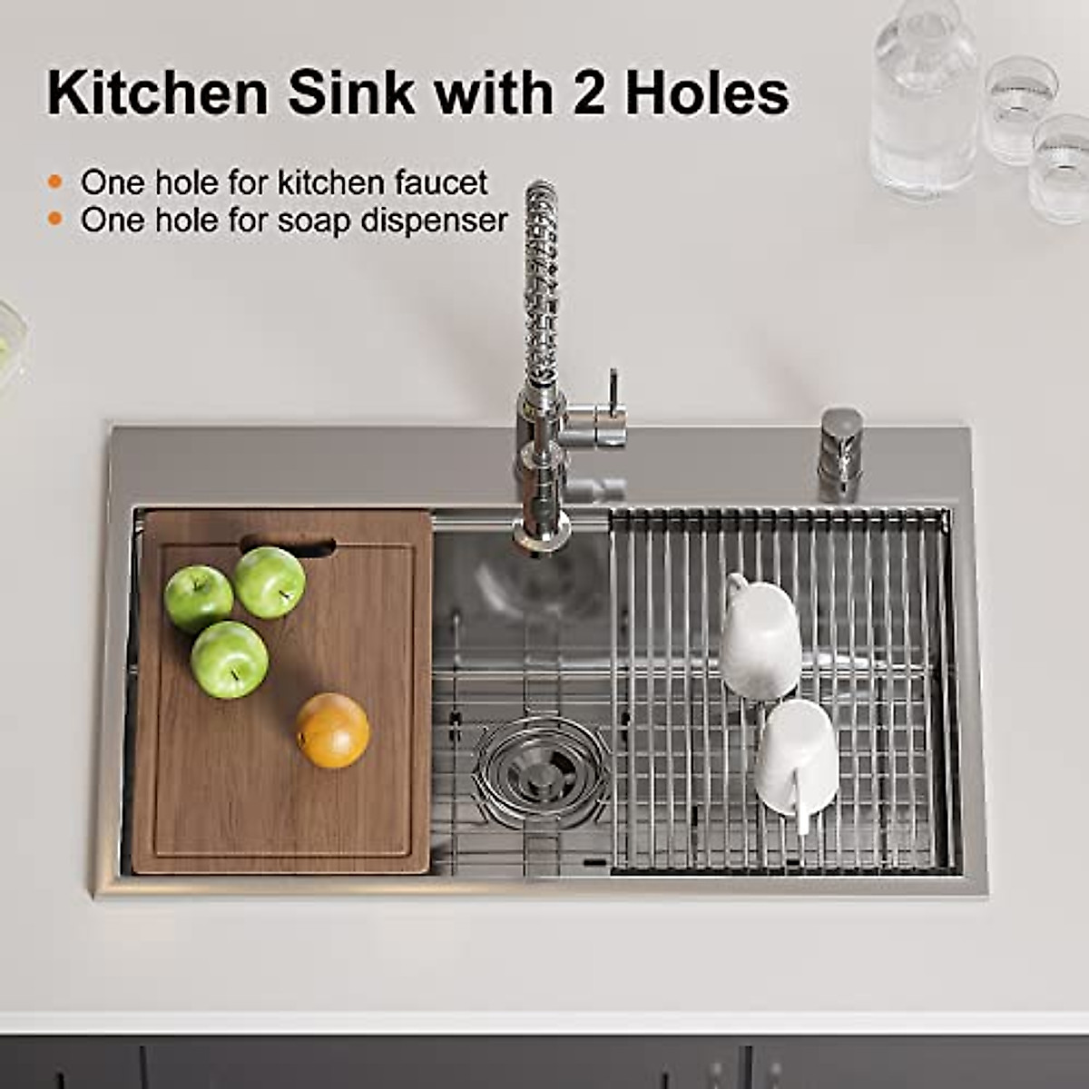 HOROW 33 inch Drop In Workstation Kitchen Sink, 18 Gauge Topmount Drop In Sink for Kitchen, sus 304 Stainless Steel Sink with 2 holes, Deep Single Bowl Kitchen Sink with Accessories, 33"x22"x10"