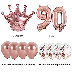 KUNGOON 90th Birthday Balloon,Rose Gold Number 90 Mylar Balloon,Funny 90th Birthday/Wedding Anniversary Crown Aluminum Foil Balloon Decoration for Women/Men.