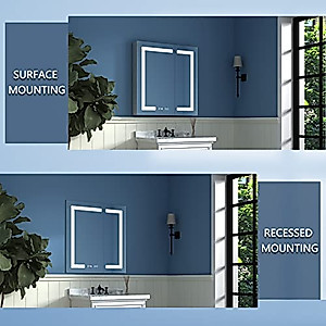 ExBrite LED Lighted Bathroom Medicine Cabinet with Mirror, 30 x 32 Inch, Recessed or Surface led Medicine Cabinet, Clock, Room Temp Display,Defog,Stepless Dimming,3-Color Temper Change, Outlets & USBs