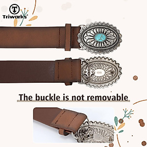 TRIWORKS Women's Western Leather Belt Vintage Medieval Turquoise Buckle Belt Ladies Cowgirl Concho Leather Belt