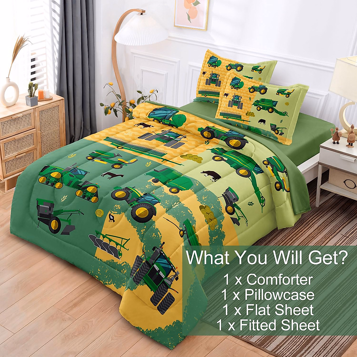 Leaflin Twin Construction Bedding Set for Boys Kids Farm Tractor Bedding 4 Pieces Cars Twin Comforter Set for Boys, Twin Truck Bed in a Bag Set Boys