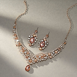 SWEETV Rose Gold Wedding Crown for Bride, 3-pack Tiara Earrings Necklace, Queen Crown Jewelry Set, Crystal Costume Party Birthday Prom Pageant Jewelry for Women,Genesis